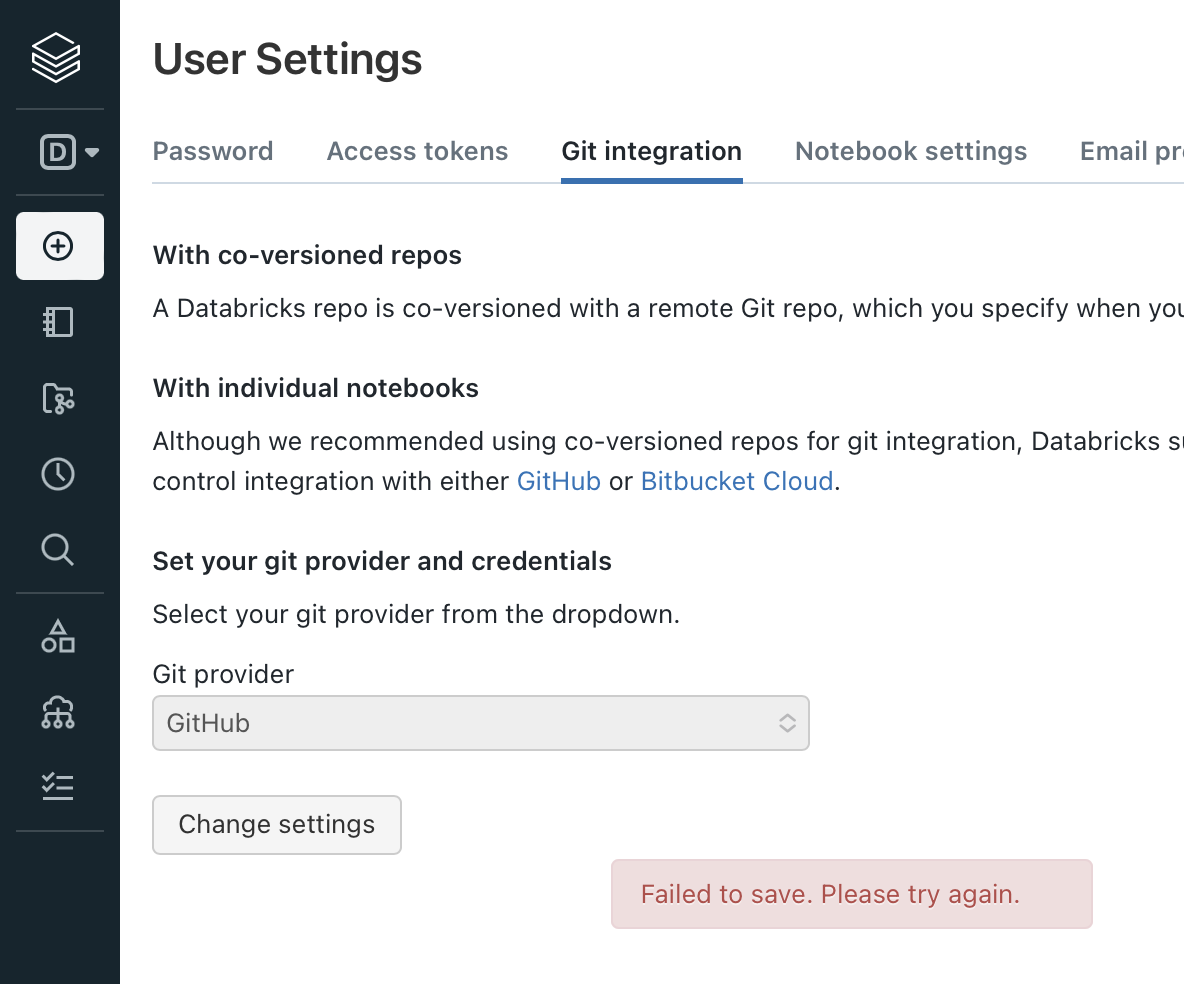 Solved Github Credentials Wont Save On User Settings Pag Databricks Community 14890